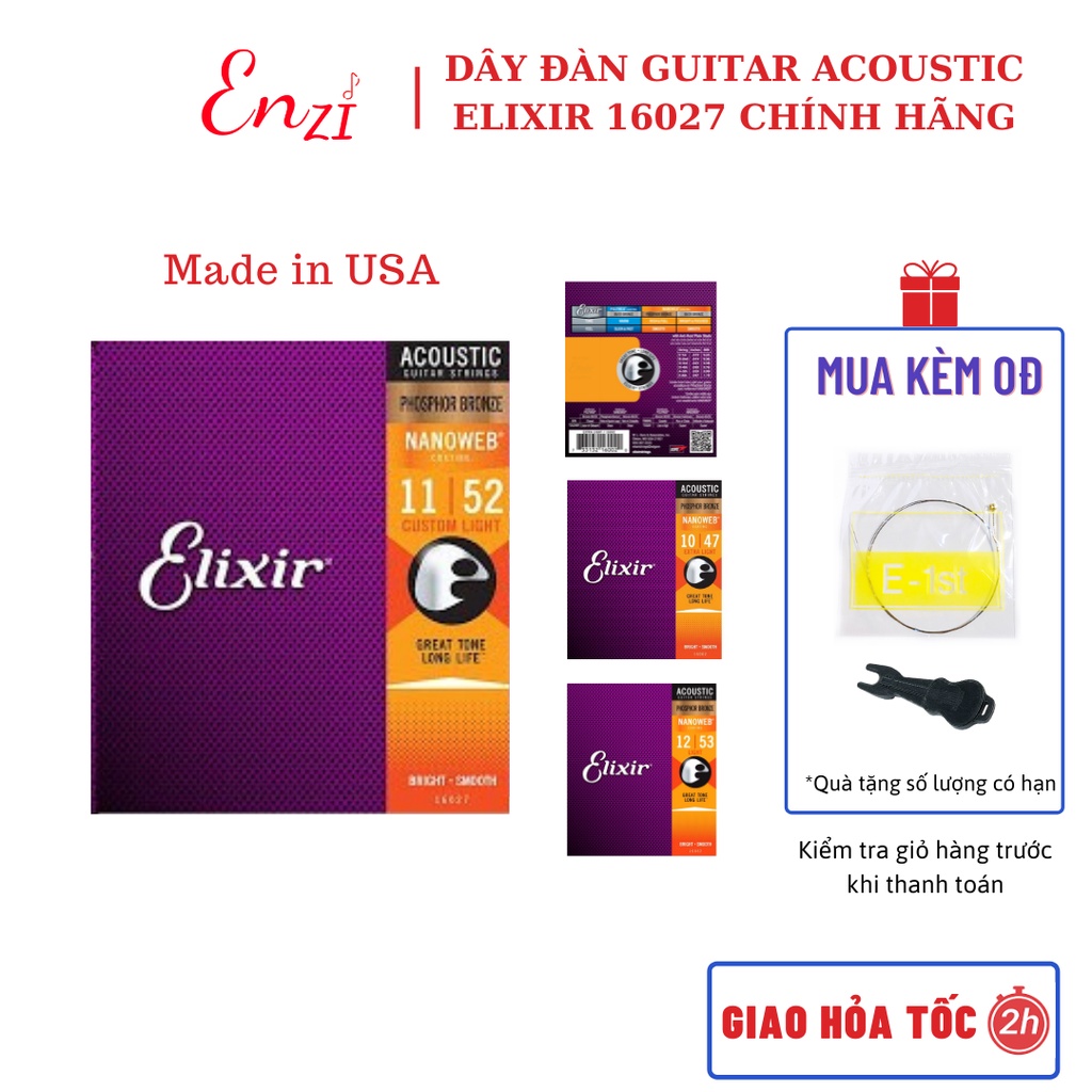 Dây đàn guitar acoustic elixir 16027 Phosphor Bronze Nanoweb cỡ 11 dây ...