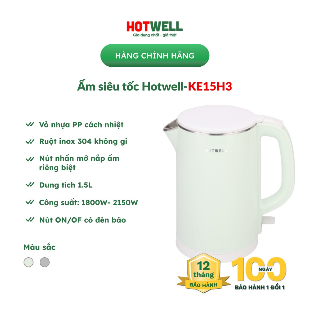 Ấm siêu tốc Hotwell KE15H3 - 1.5L, 2150W đun sôi siêu nhanh, tự ngắt ...
