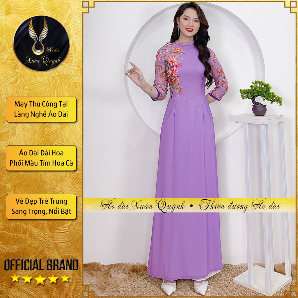 Áo Dài Truyền Thống Dải Hoa Cổ 2 Phân, Lụa Habutai Cao Cấp K91 Tím Hoa Cà - Áo Dài Xuân Quỳnh ...