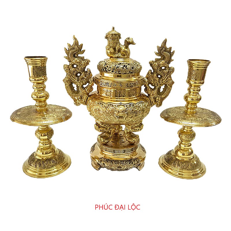 Đồ thờ Tam sự 3 món Dũng Thư số 4 (4DT) bằng đồng cao 56 cm màu vàng ...