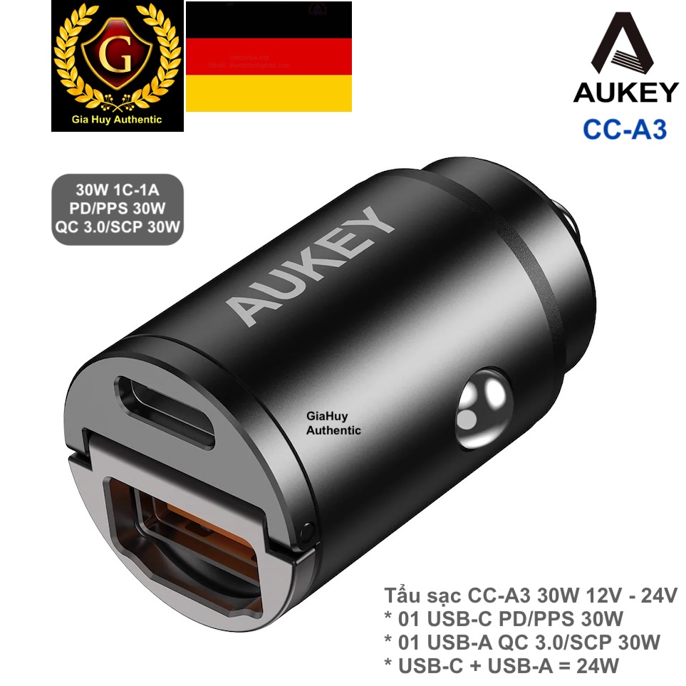 Tẩu sạc ôtô AUKEY CC-A3 PD/PPS 30W 1C-1A | Shopee Việt Nam