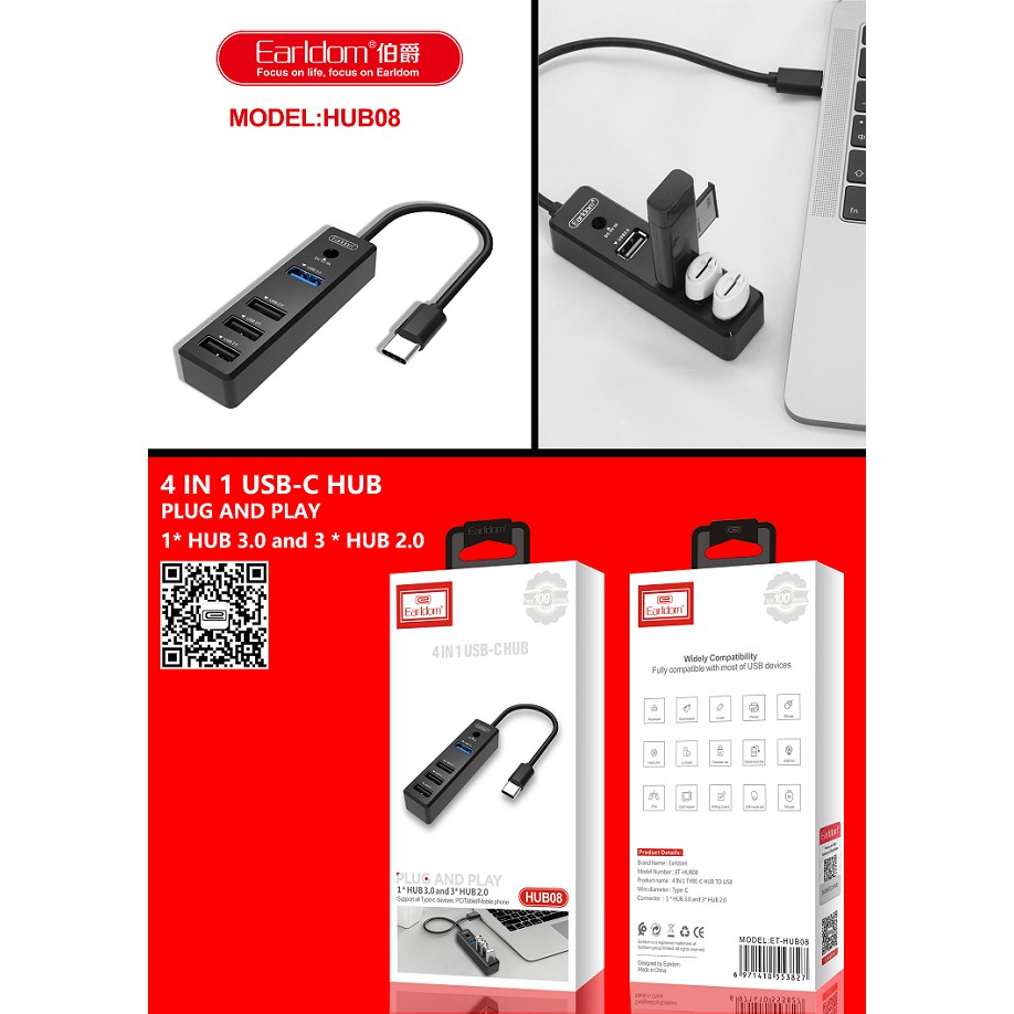 Ổ Cắm USB Earldom HUB-08 Type C (Hỗ Trợ 3 Cổng USB 2.0 và 1 cổng USB 3. ...