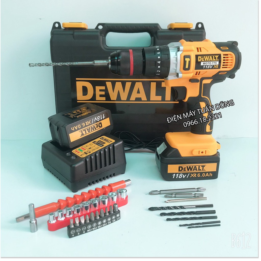 Máy khoan pin Động cơ 775 - 3 CHỨC NĂNG Siêu khỏe Dewalt 118V Kèm 2 Pin TẶNG 30 CHI TIẾT ...