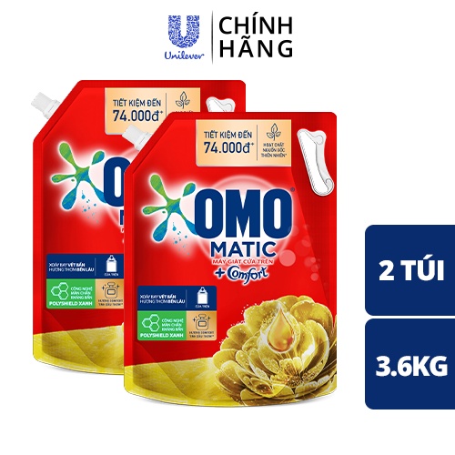 Combo 2 túi Nước giặt OMO Matic Comfort hương Tinh dầu thơm cho máy giặt cửa trên, xoáy bay vết ...