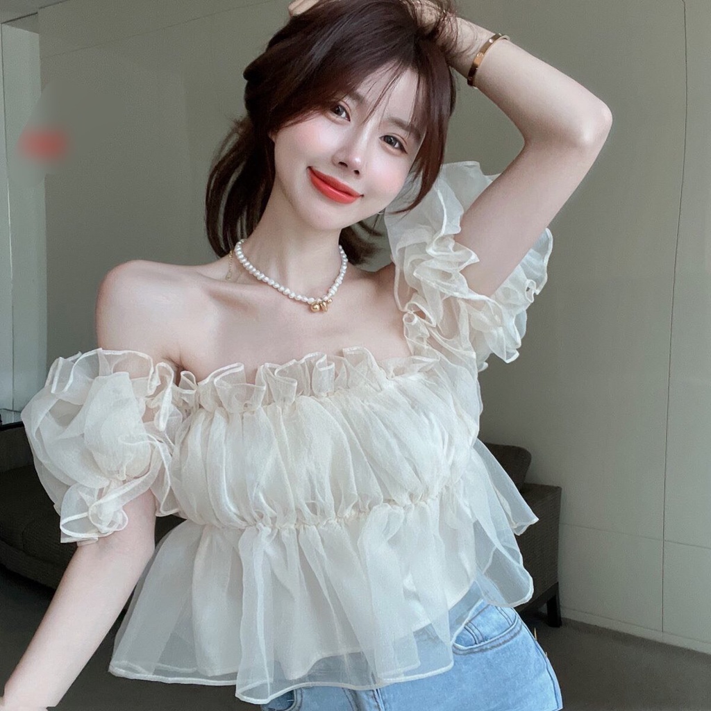 Áo crotop trễ vai bánh bèo tiểu thư, áo trắng trần trễ vai điệu đà ...