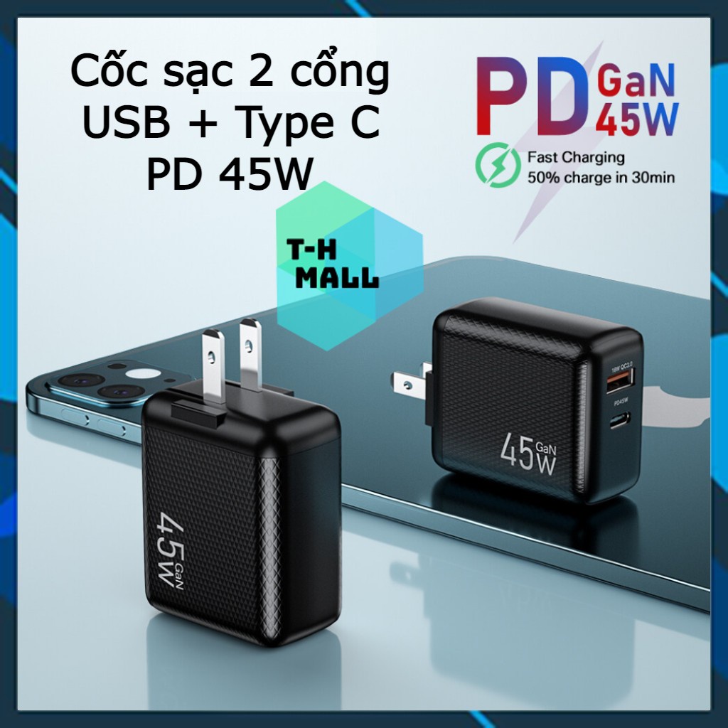 Củ cốc sạc 2 cổng USB + Type C PD 45W Cho iP 13 12 Pro Max Samsung Xiaomi QC 3.0 | Shopee Việt Nam