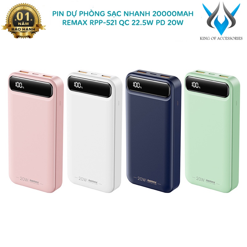 Pin dự phòng sạc nhanh Remax RPP-521 Bole Series 20000mAh QC 22.5W và PD 20W - tích hợp 2 input ...