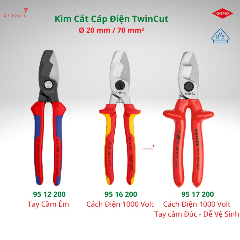 Kìm Knipex Cable Shears Lưỡi Đôi Twin Cutting Cắt Cáp Điện Ø 20mm Cách ...