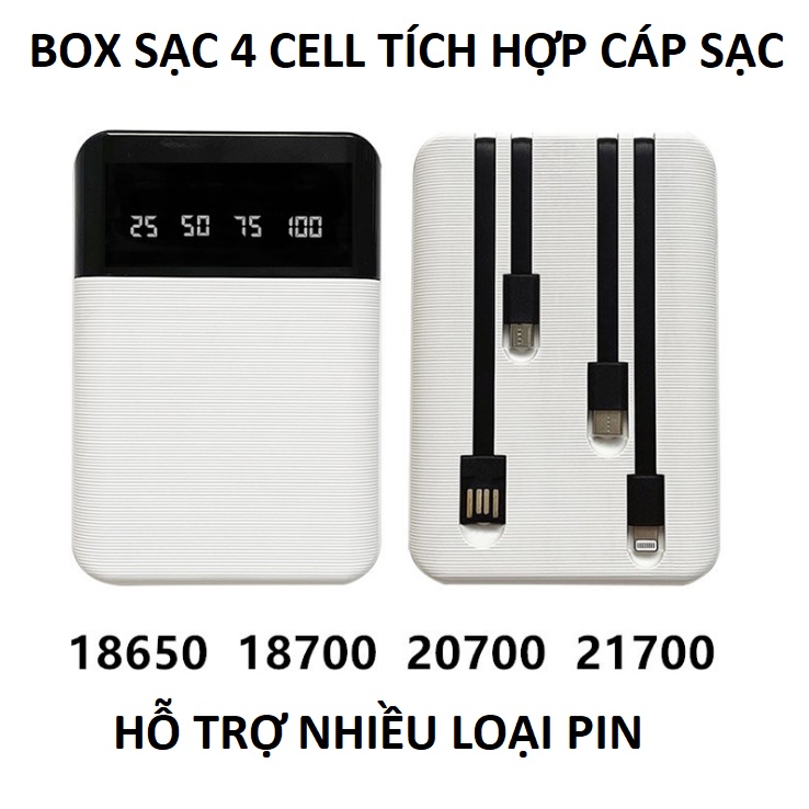 Box sạc dự phòng 4 cell dùng pin 18650 21700 tích hợp đủ cáp sạc mạch ...