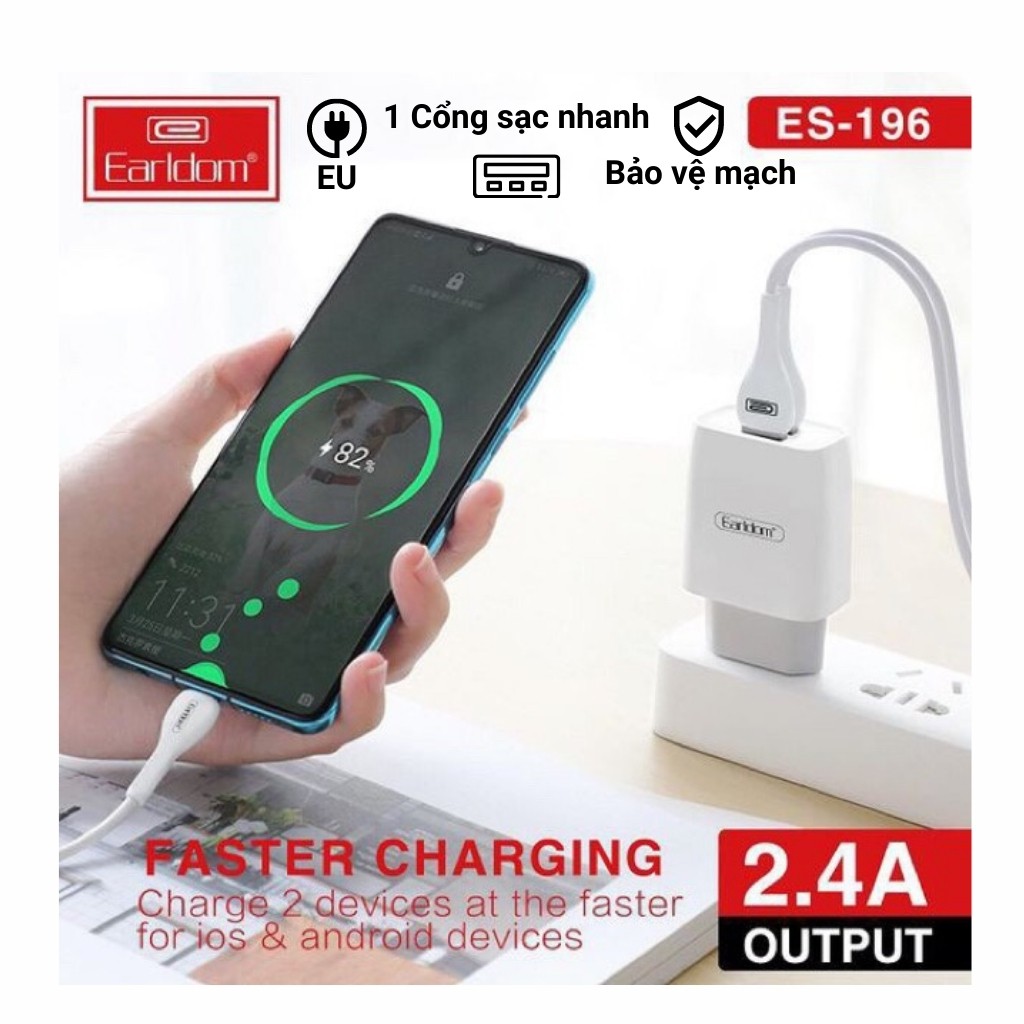 Bộ sạc type c sạc nhanh 2 cổng Earldom ES-196 bảo hành 12 tháng | Shopee Việt Nam