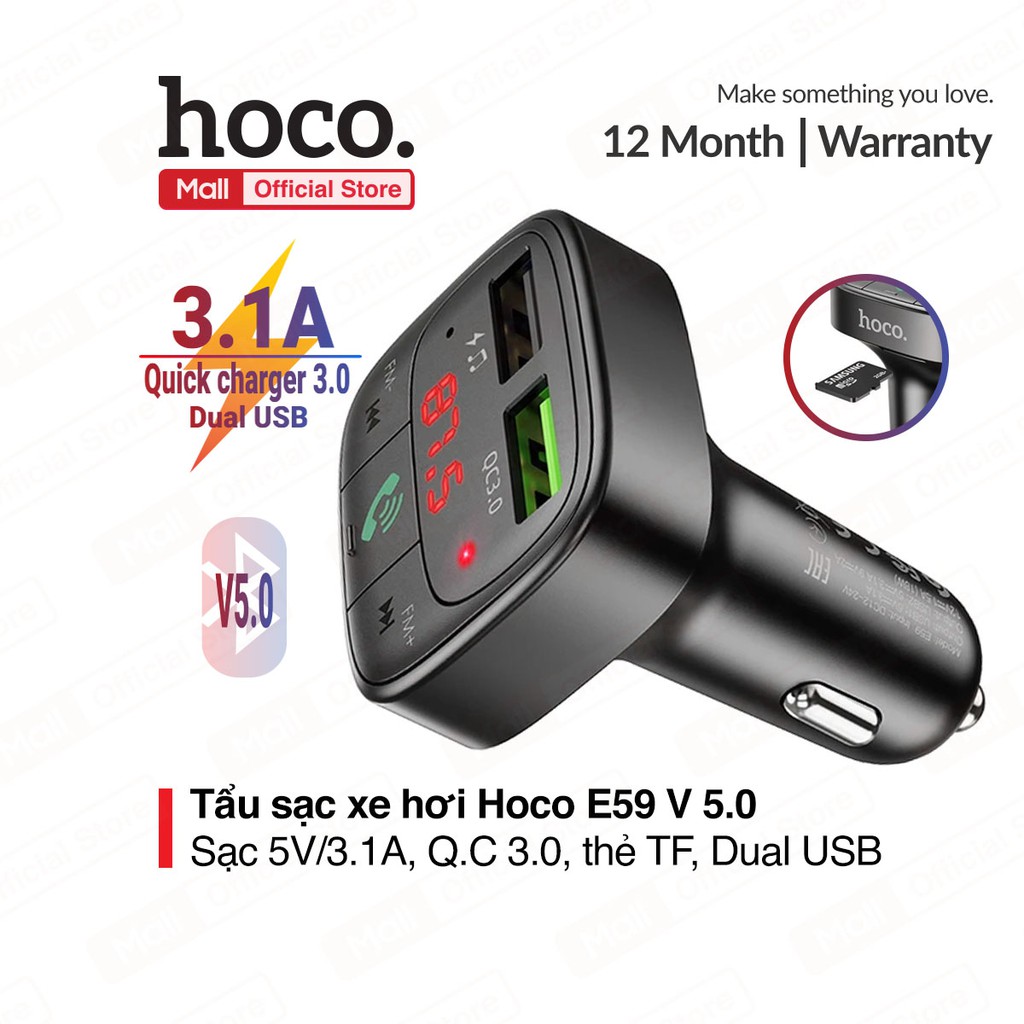 Tẩu sạc xe hơi Hoco E59 V5.0, 2 cổng USB ( 5V/3.1A + Q.C 3.0 ) khe cắm thẻ TF, hỗ trợ nghe nhạc ...