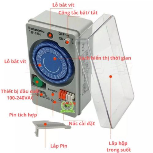 Công tắc hẹn giờ cơ Panasonic TB118N 15A 220V tặng kèm pin chờ 300 giờ, Timer hẹn giờ Panasonic ...