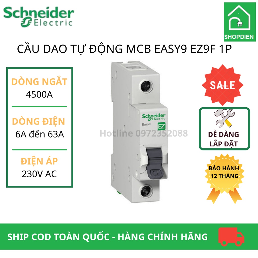 [Sẵn kho] Cầu dao tự động Aptomat MCB 1P Easy9 4.5kA 230V C Curve EZ9F 1P 6A,1P 16A,1P 20A,1P ...