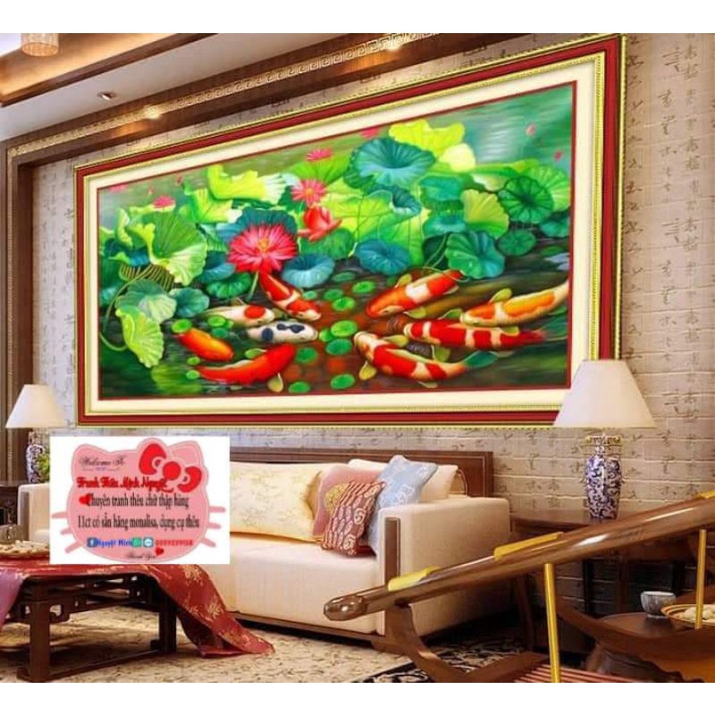 Mã H2164 Tranh thêu chữ thập Cửu Ngư Hoa Sen ( thêu kín kt 100×60 ...