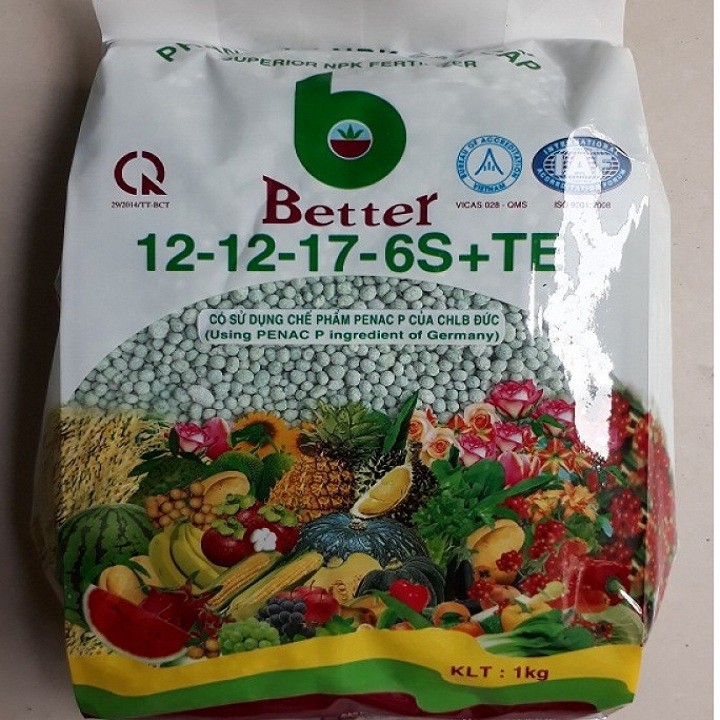 Phân bón Better xanh 12-12-17-6S (1kg/gói) | Chống rụng hoa và trái non | Chuyên dùng cho mọi ...
