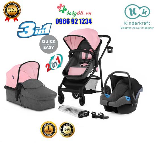 Bộ xe đẩy cho bé Kinderkraft Juli 3in1 ( Ghế ngồi ô tô, xe nôi, xe đẩy ...