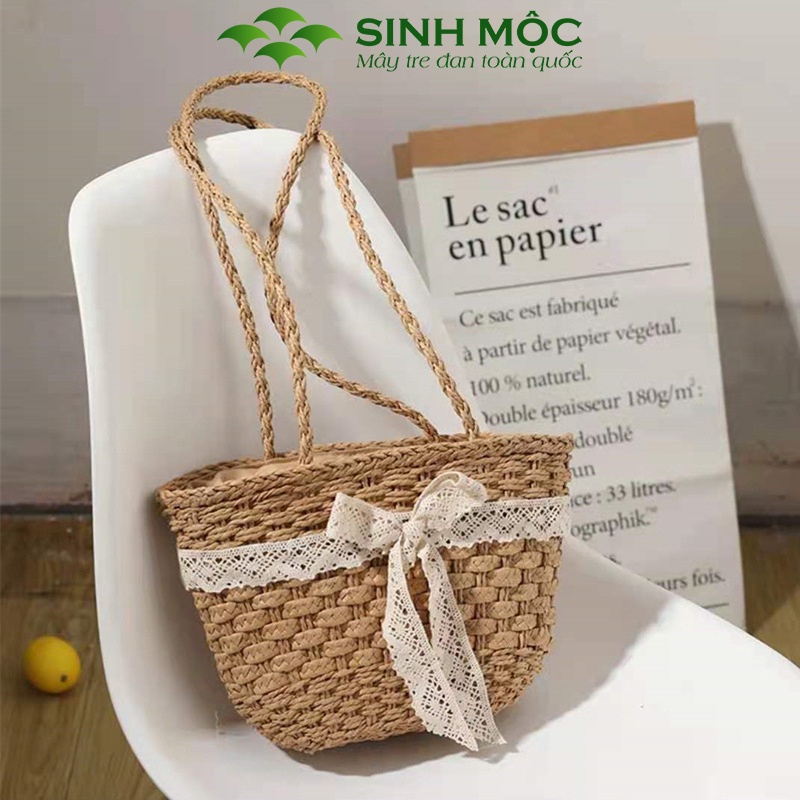 Túi cói đi biển, giỏ vintage có nơ dễ thương, túi xách nữ Sinh Mộc ...