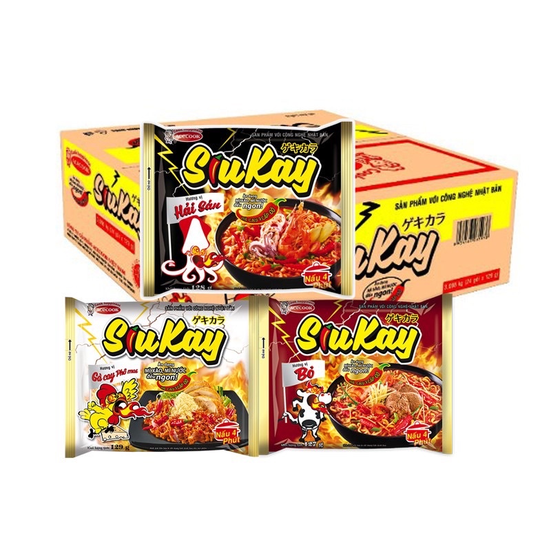 Thùng 24 gói mì Siukay 128gr đủ 3 vị Hải Sản - Bò - gà phô mai dai ngon ...