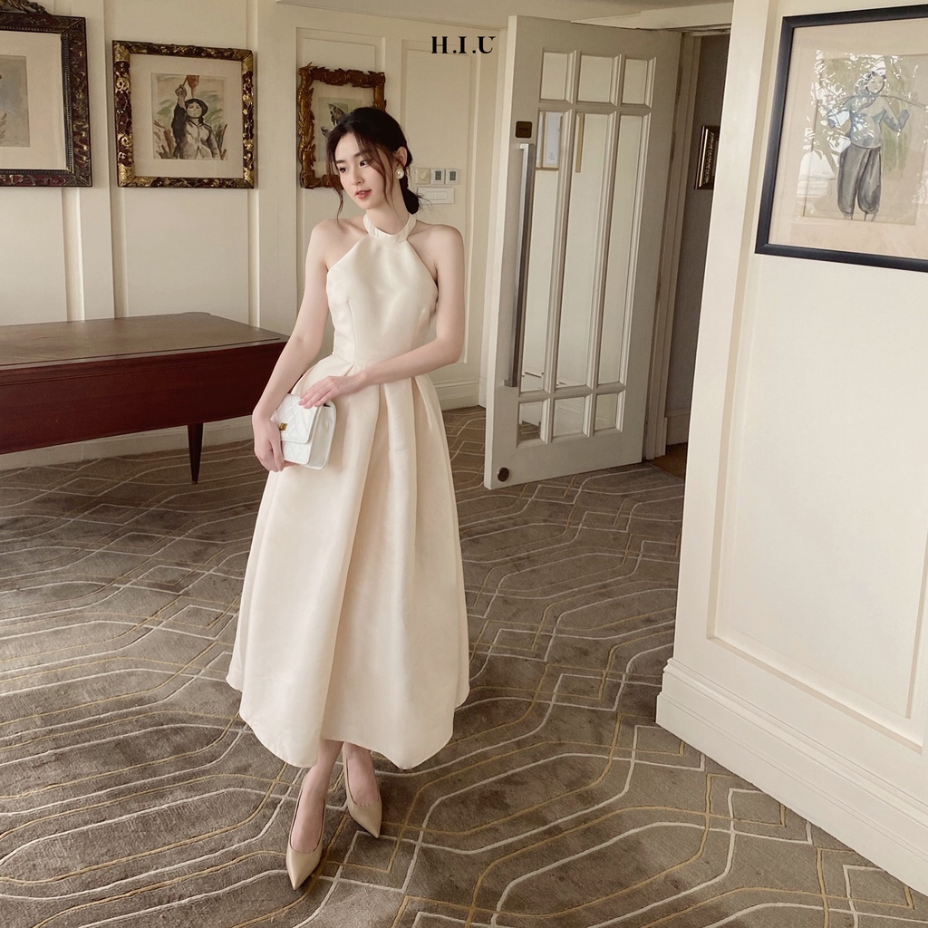 Hana Dress | Váy nữ dự tiệc dáng midi H.I.U Fashion | cổ yếm khoét lưng tiểu thư cao cấp sang ...