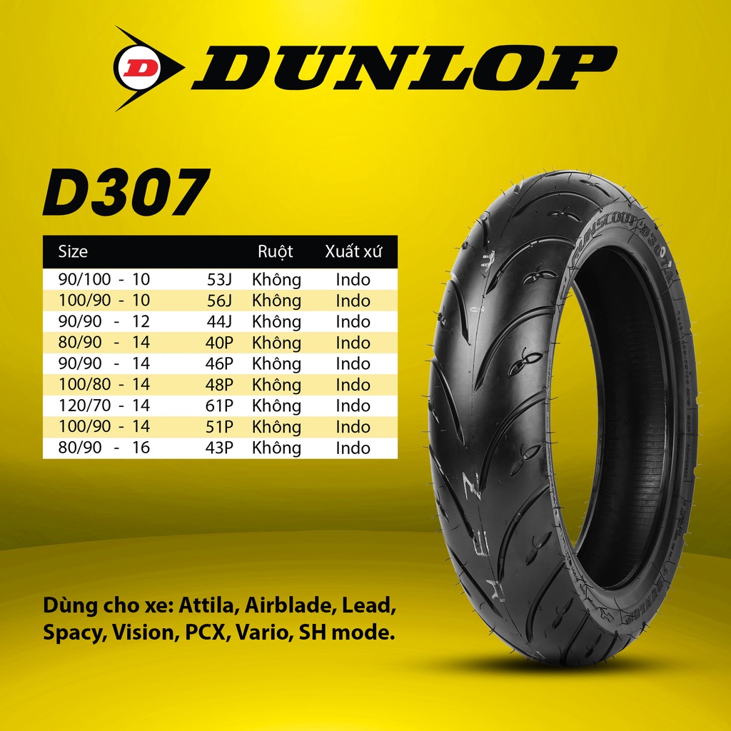 Vỏ lốp xe máy Dunlop D307 size 120/70-14 ( lốp không xài ruột ...