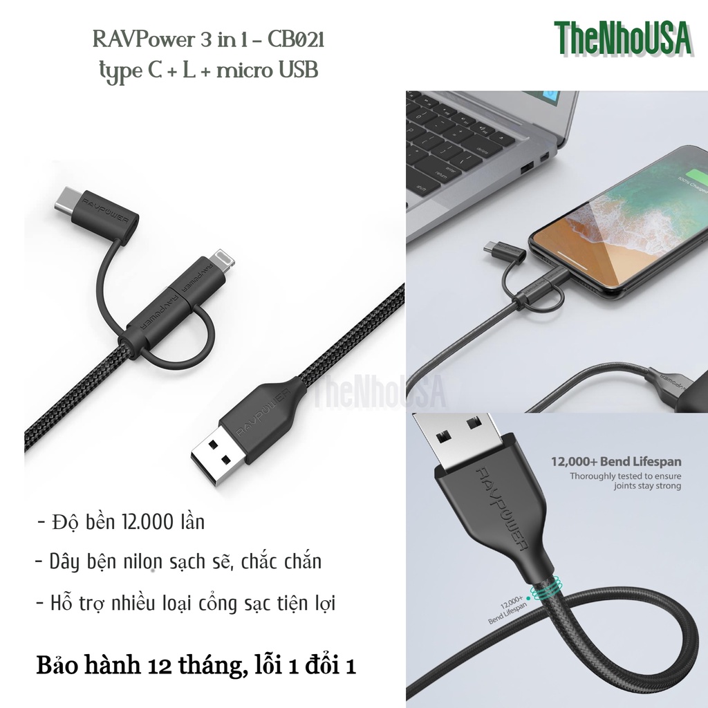 Cáp sạc nhanh 3 in 1 RAVPower RP - CB021 - Type C - L - Micro USB ...