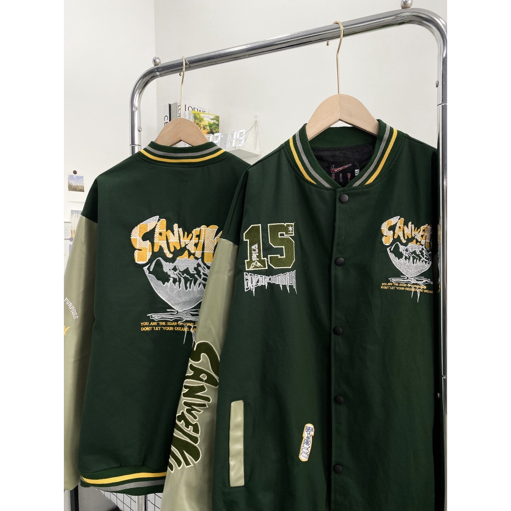 Bomber 15 SANWE Kaki phối da tay Xanh rêu Nam nữ unisex ♥ Form áo rộng ...