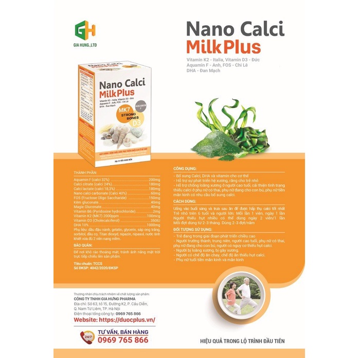 Nano Calci Milk Plus D3 MK7 bổ sung canxi cho mọi đối tượng, bổ sung canxi và vitamin D3 (Lọ 30V ...