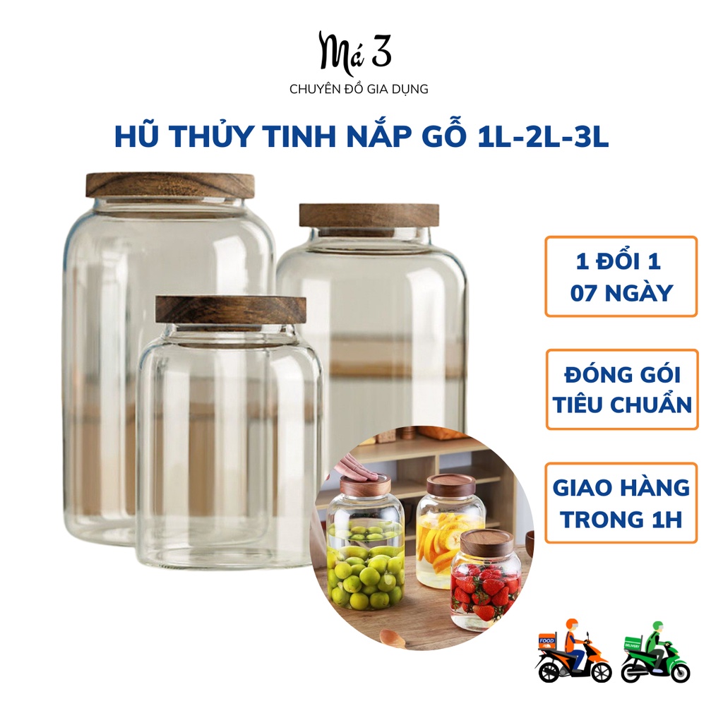Hủ thủy tinh nắp gỗ nhiều dung tích, bình thủy tinh trang trí nắp gỗ tròn 1L, 2L, 3L | Shopee ...