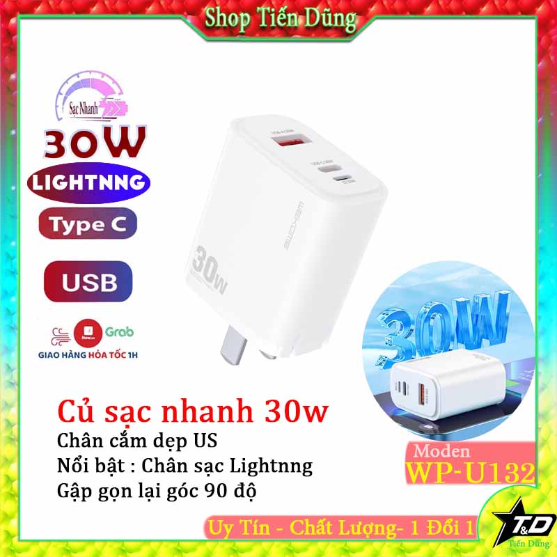 Củ sạc nhanh 30w Wekome WP-U132 có 3 cổng USB - Type-C - LN chân dẹp ...
