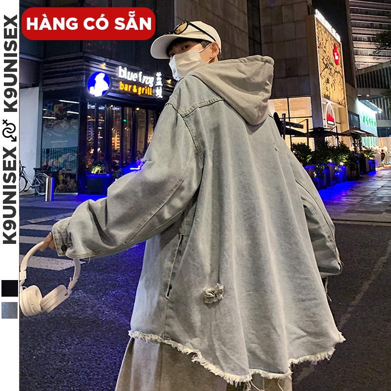 Áo khoác jean denim nam form rộng xé rách gấu, áo khoát jacket nam chất ...
