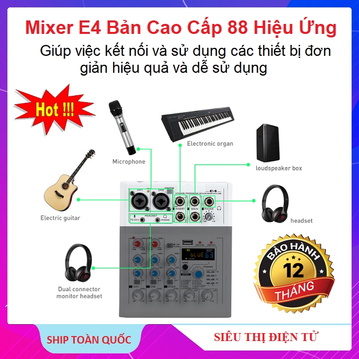 Mixer E4-88 Hiệu Ứng Bluetooth, Tặng Củ Nguồn, Bộ Chộn Âm Thanh, Chỉnh reverb - delay - Hát ...
