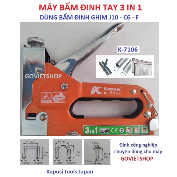 Kềm bấm đinh gỗ bằng tay đa năng 3in1, hiệu Kapusi K-7106 ghim U C F, có nút chỉnh tăng lực bắn ...