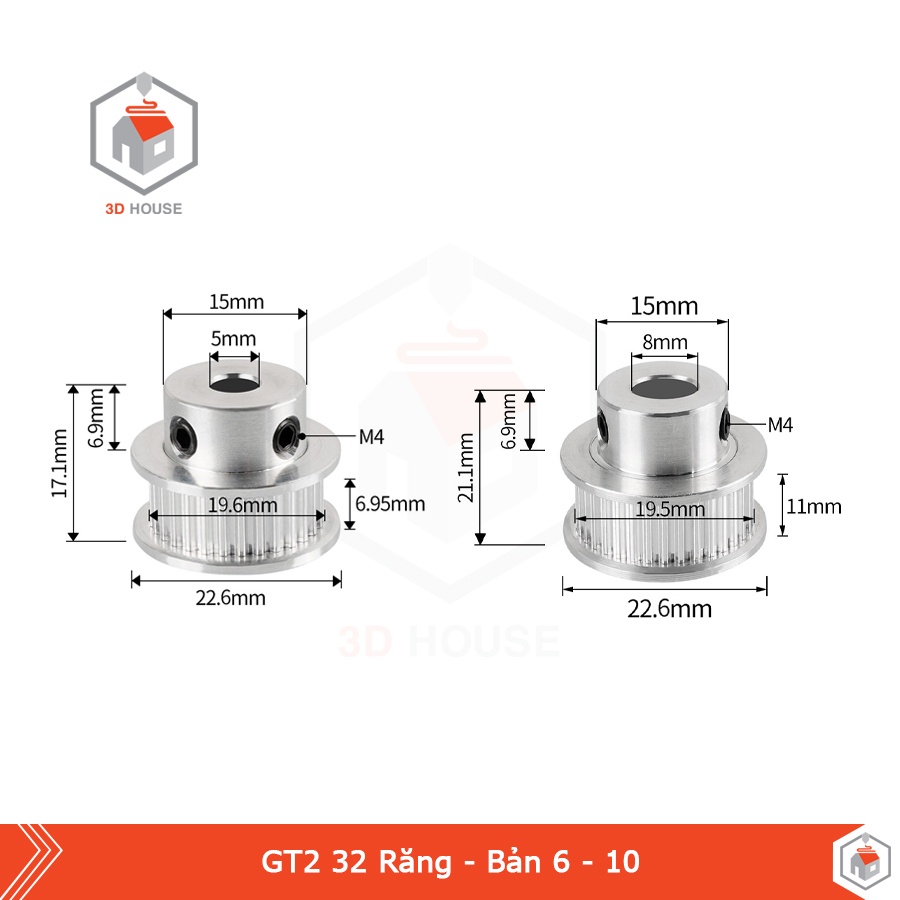 Puly GT2 32 Răng Bản Đai 6-10mm Trục 5/6/6.35/8/10mm cho Máy In 3D ...