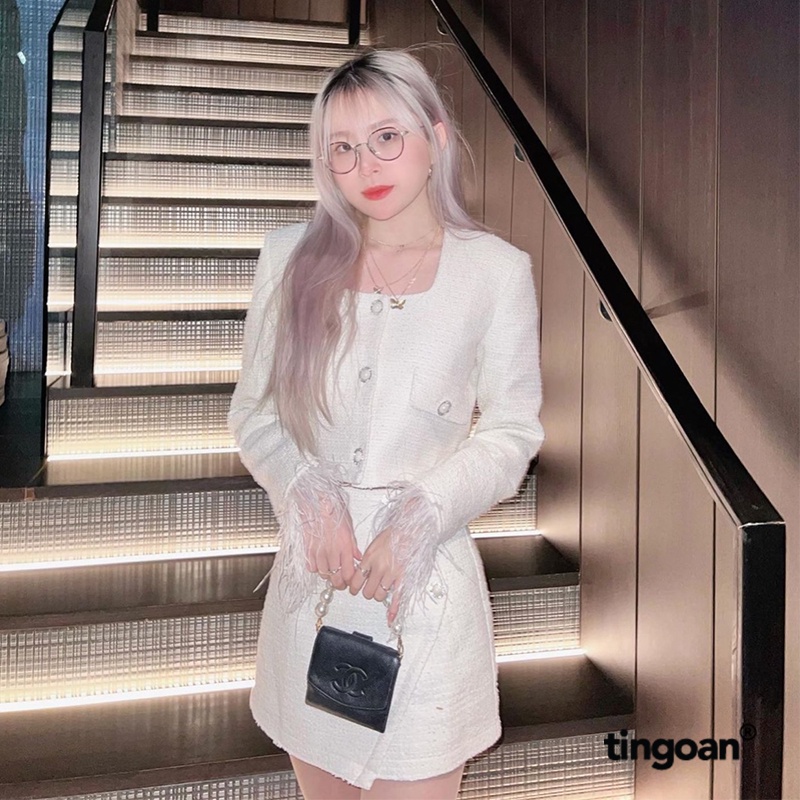 Áo khoác TINGOAN tweed crop nhỏ ngắn cổ vuông tay đáp lông sợi trắng CANDY FLOSS JACKET/WH