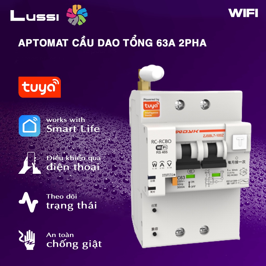 Aptomat cầu dao RCBO CB thông minh đo điện NAWNH chống giật công suất 63A - 2 pha | Shopee Việt Nam