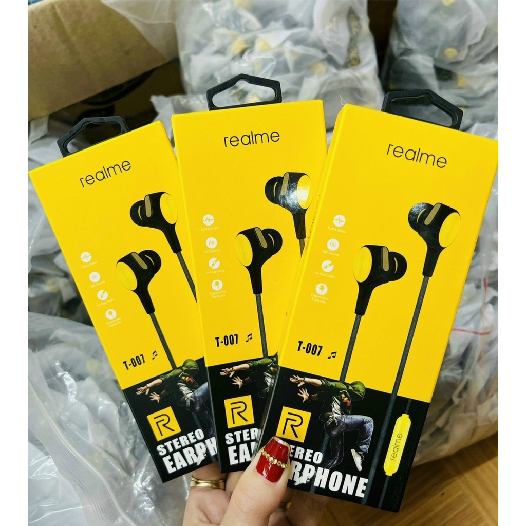 Tai nghe dây stereo Realme T-007 hỗ trợ mic, jack 3.5 cùng thiết kế dây xoắn chống rối đứt - BH ...