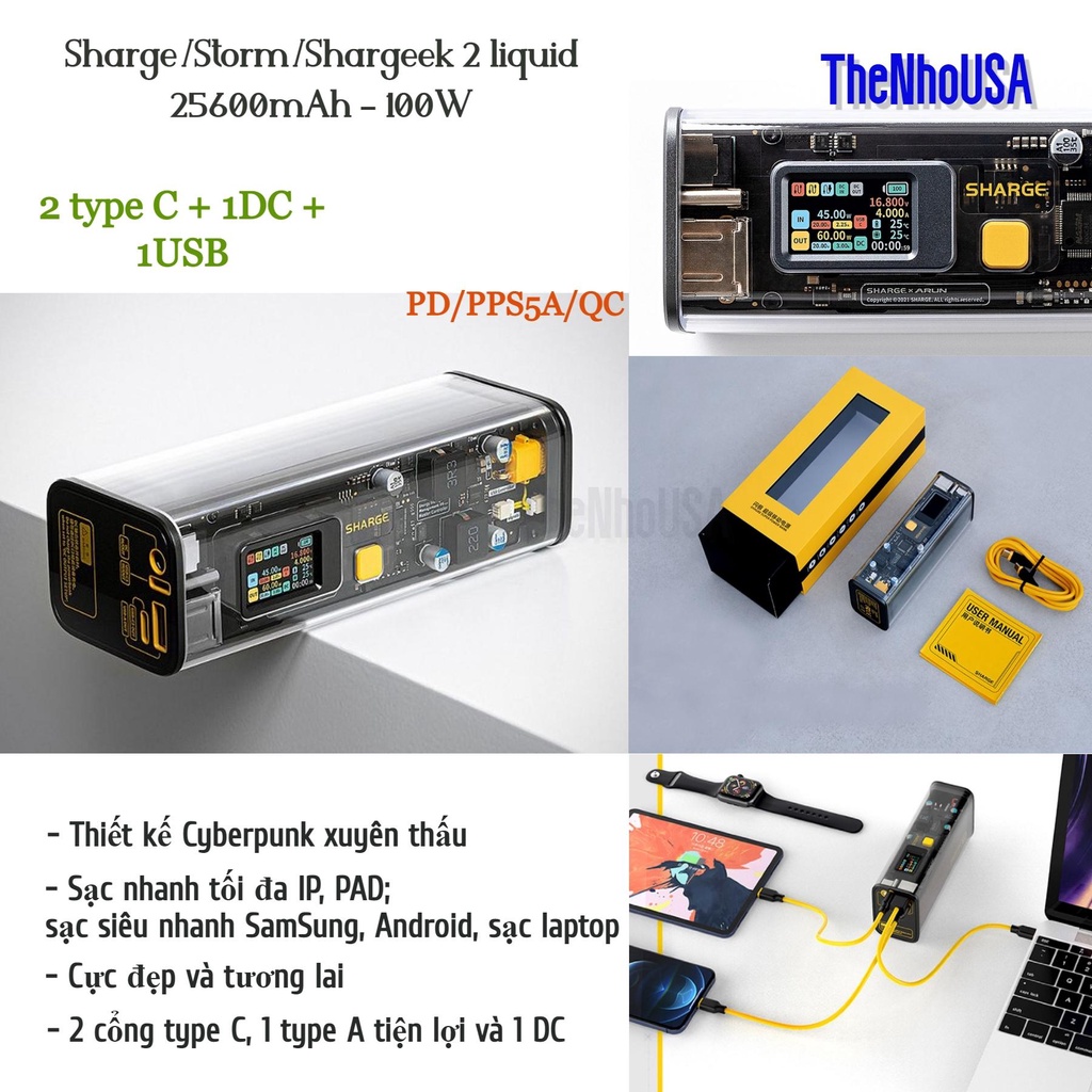Pin sạc dự phòng xuyên thấu Sharge /Storm 2 liquid 25600mAh - 2C1DC1A - Màn Led đa năng - PD ...