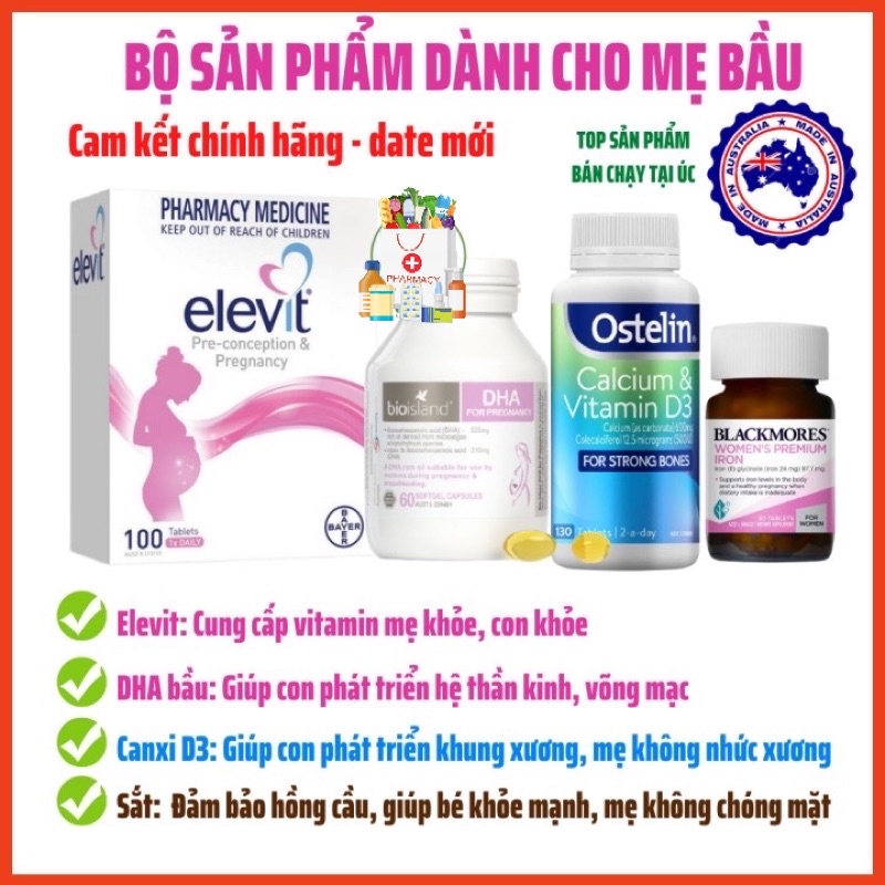 COMBO BẦU ÚC - BỘ TỨ VITAMIN ÚC DÀNH CHO BÀ BẦU (Elevit bầu, Canxi Ostelin bầu, DHA bioisland ...