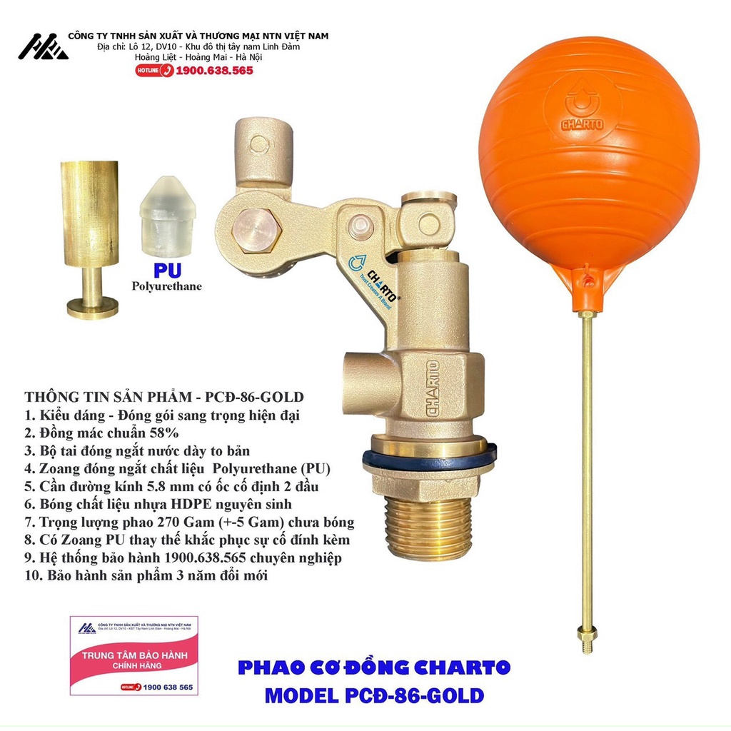 Phao cơ chống tràn đồng thau PCĐ-86-GOLD Charto (bảo hành 3 năm đổi mới) | Shopee Việt Nam