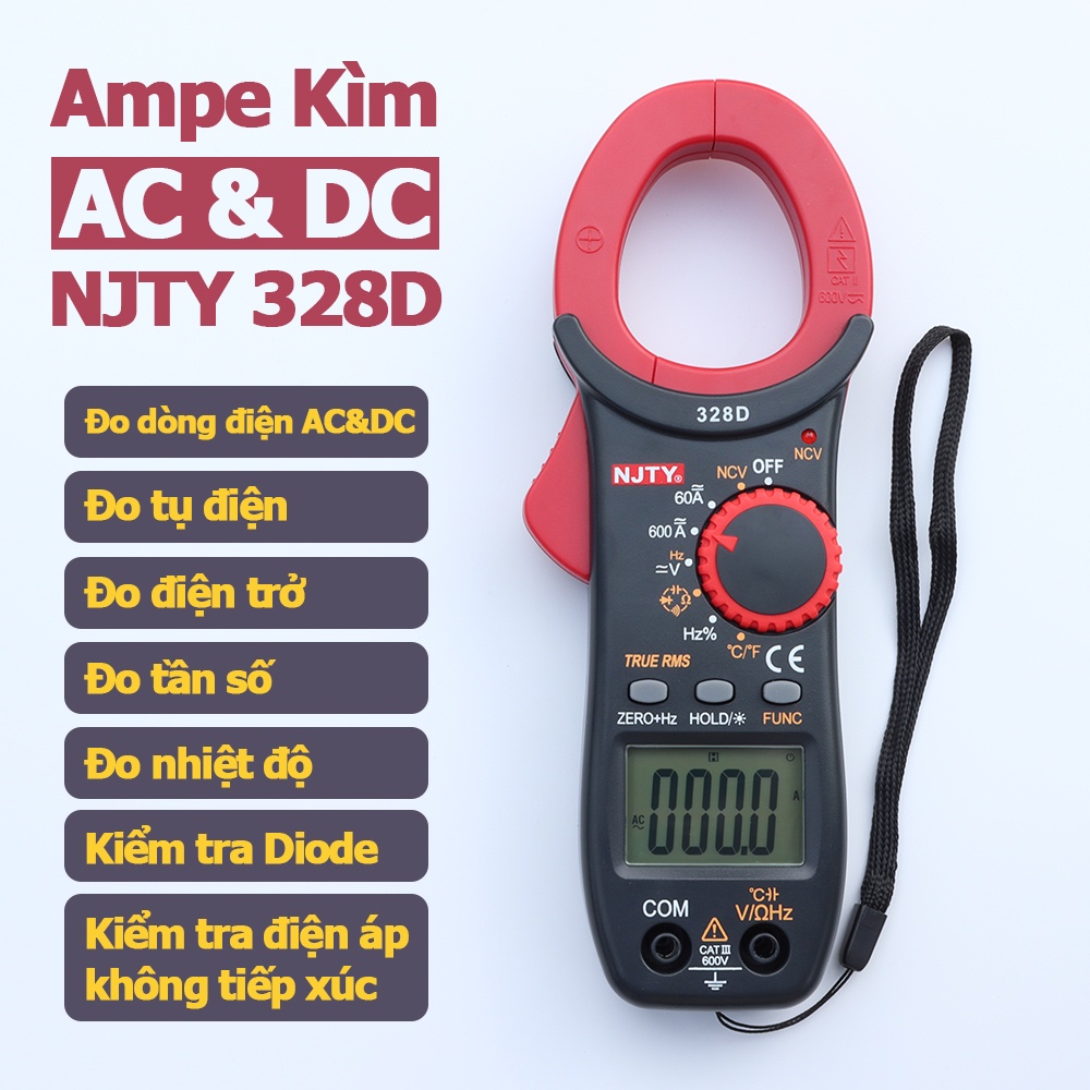 Ampe kìm 328D NJTY đồng hồ kẹp dòng AC và DC vạn năng đo tụ điện, diode, tần số, nhiệt độ, điện ...