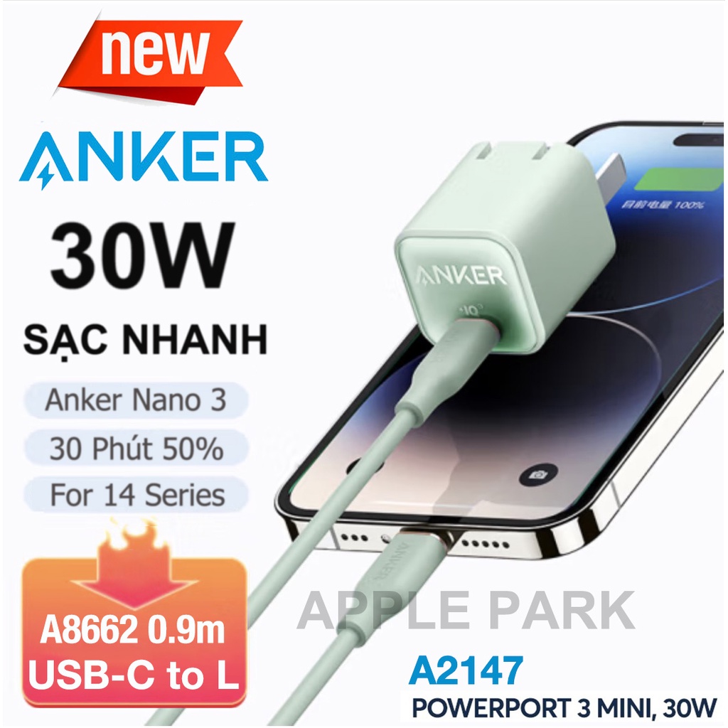 Củ Sạc nhanh Anker A2147 PD 30W GaN II,hỗ trợ IQ3.0/PD/PPS Cho 13/14/15 Pro Max (Chân Gập ...