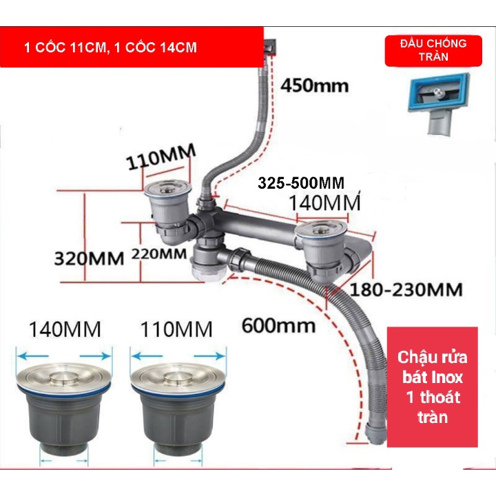 Xiphong chậu rửa bát Inox [LOẠI 1] 1 Ngăn cốc 11cm và 1 ngăn 14cm, cốc ...
