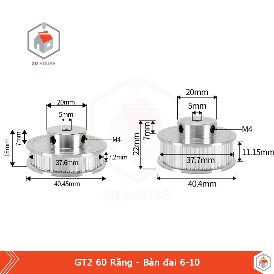 Puly GT2 60 Răng Bản Đai 6-10mm Trục 5/6/6.35/8/10/12/14mm cho Máy In ...
