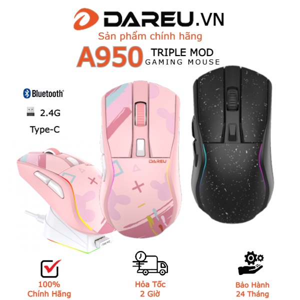 Chuột không dây Gaming DAREU A950 TRIPLE MODE (BLACK / PINK) - SUPERLIGHT, FAST CHARING DOCK ...