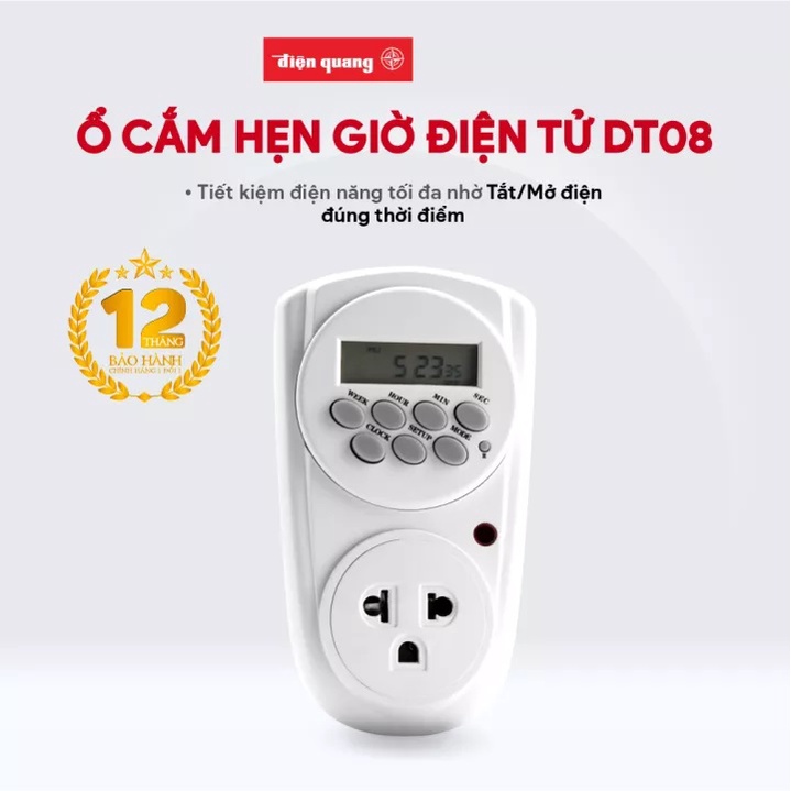 Ổ cắm hẹn giờ Điện Quang ĐQ ESK DT08 W 13 - Điều chỉnh điện tử - 1 lỗ 3 chấu - màu trắng ...