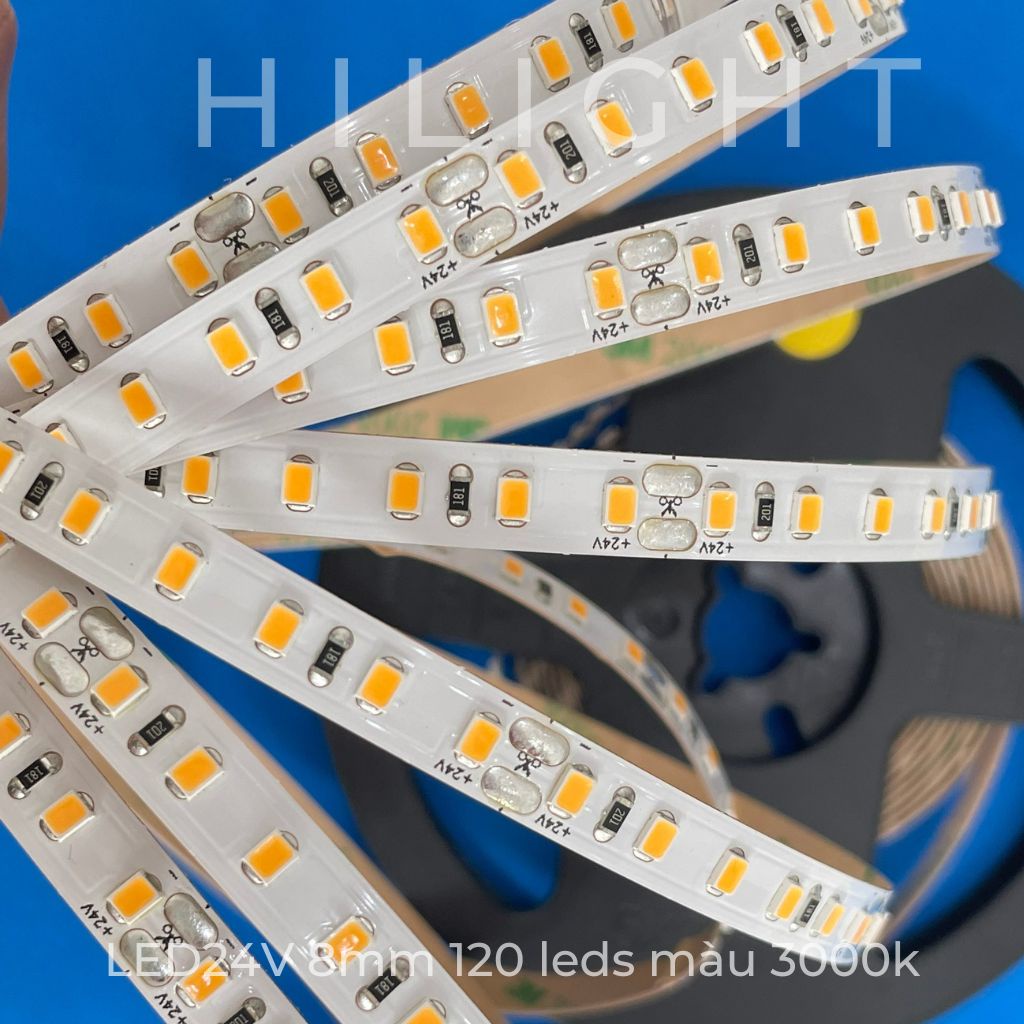 Cuộn dây LED 2835 24V CRI>90 ,120 Leds, có keo dán hai mặt 3M chắc chắn, PCB 8mm 3000K 4000K ...