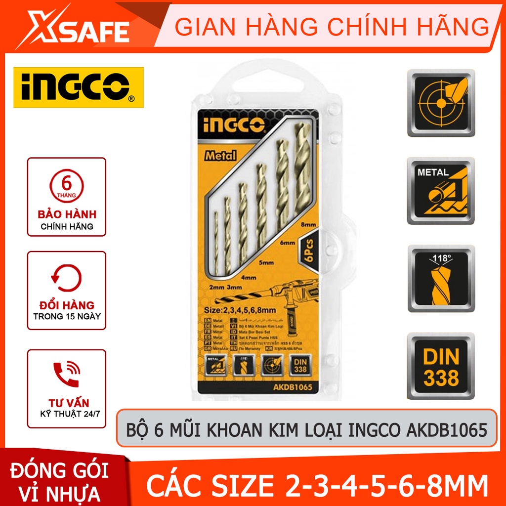 Bộ 6 mũi khoan kim loại HSS INGCO AKDB1065 kích thước 2-8mm, mũi khoan tốc độ cao đa năng hợp ...