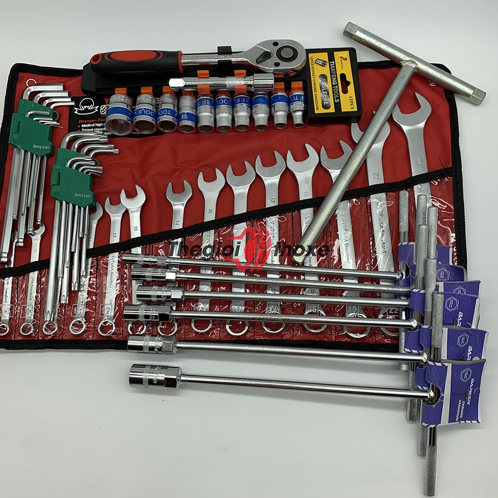 Trọn bộ đồ nghề sửa xe máy cơ bản - Gồm 52 dụng cụ - Cờ lê + tuýp + bộ T + tô vít + lục giác ...
