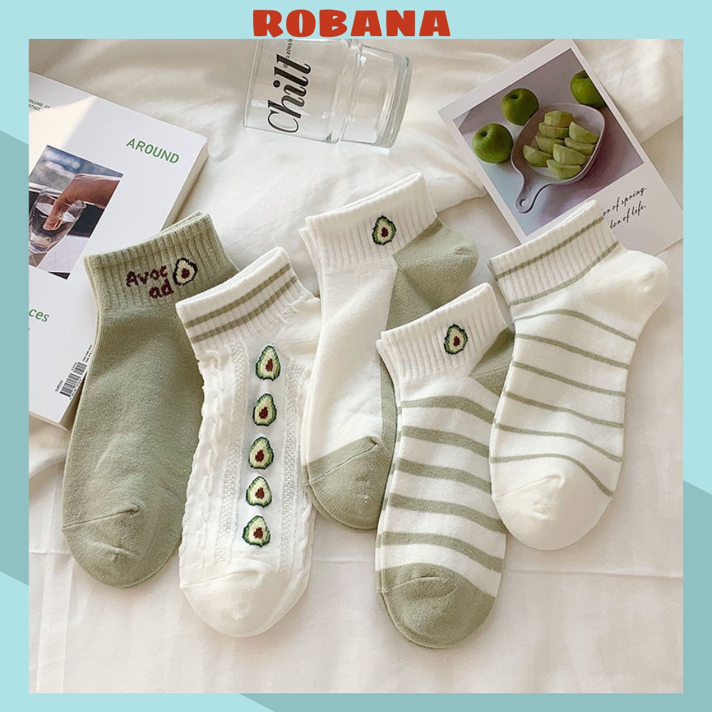 Combo 5 đôi vớ nữ cổ ngắn ROBANA họa tiết trái bơ dễ thương có tặng kèm ...