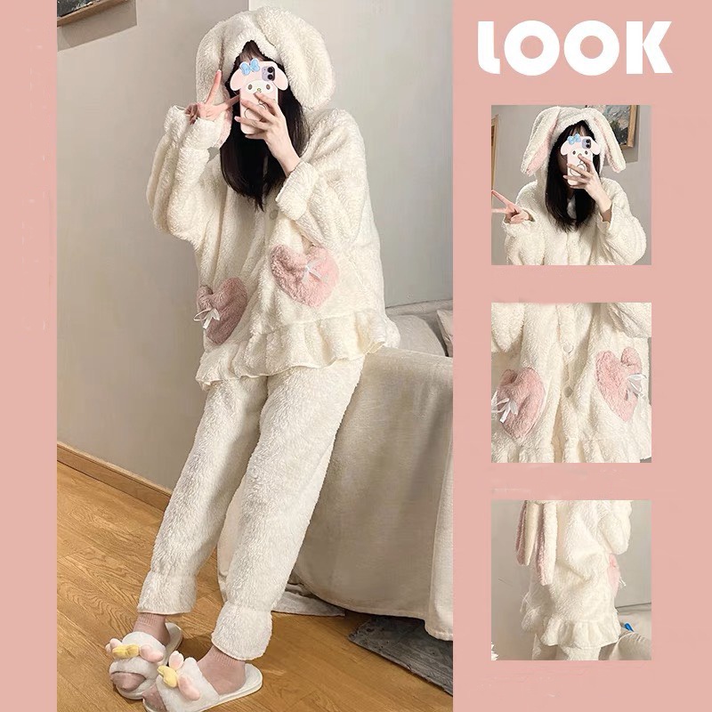 Bộ đồ ngủ lông tai thỏ form rộng chất liệu lông mịn màng ấm áp kiểu ...